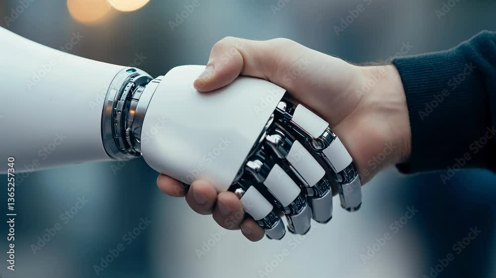 A detailed close-up showing a human hand shaking hands with a robotic ...