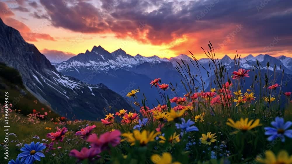 Blossoms and Peaks: Wildflowers paint a vibrant foreground against the ...