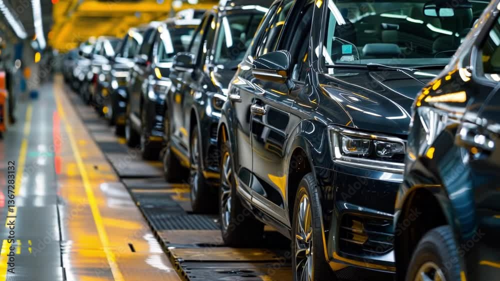 Rows of sleek cars are in various stages of assembly at a busy ...
