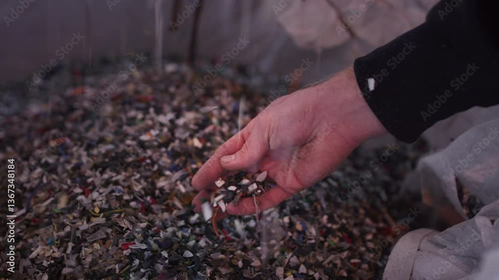 Fragments of plastic are pouring out of the hand, close up. Plastic ...