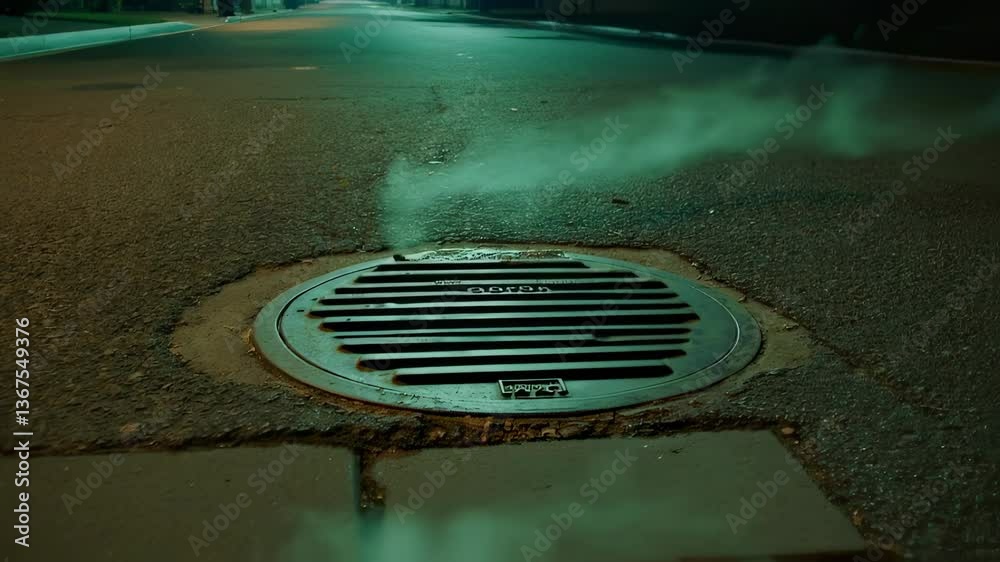 White steam rising manhole cover urban street night, hot utility steam ...