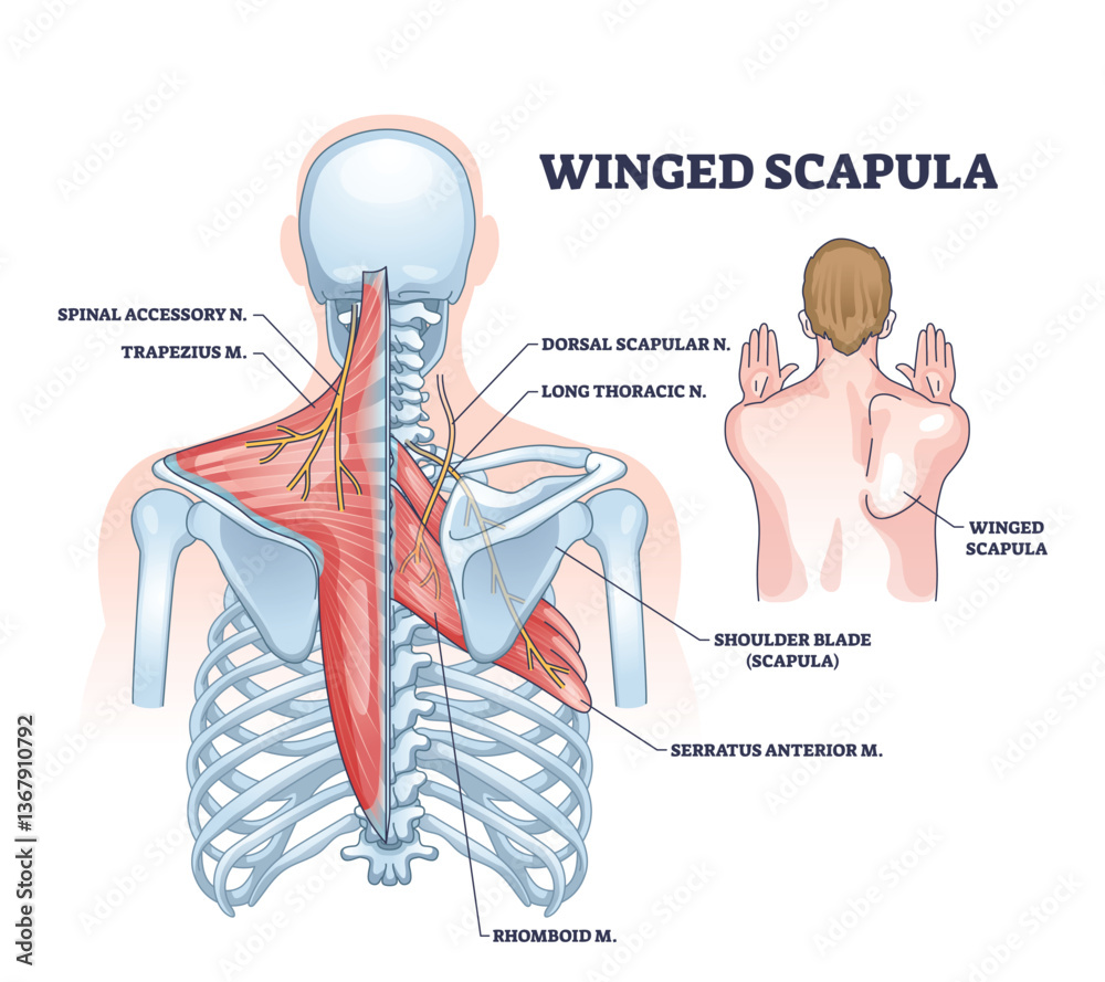 Poster Winged scapula diagram shows shoulder blade protrusion, highlighting muscles and nerves ...