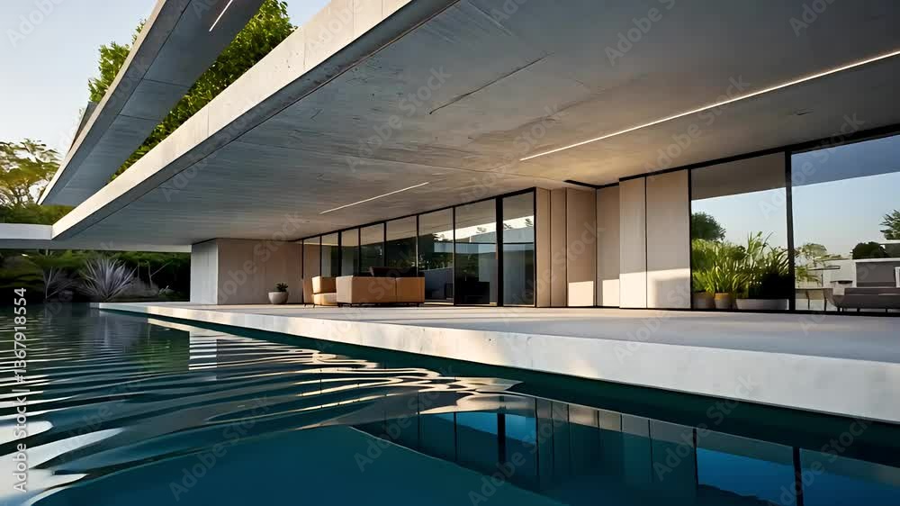 Contemporary luxury house exterior with infinity pool and concrete ...