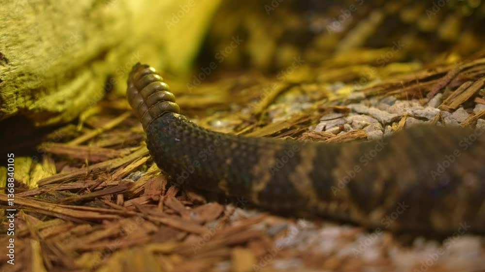 Rattlesnake tale rattle shows while slithering extreme macro close up ...