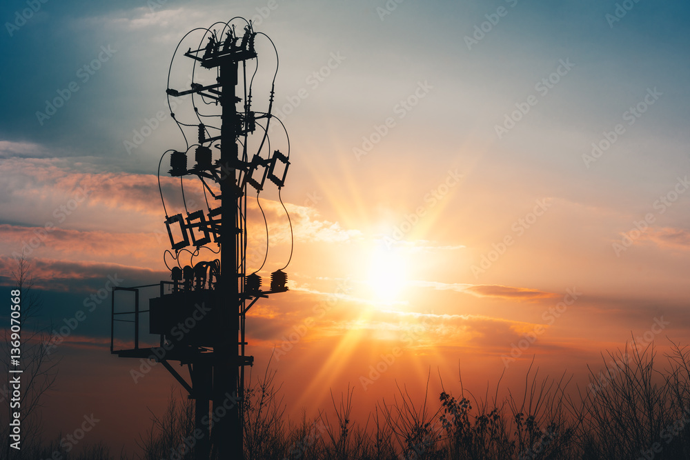 Poster Electrical Transformer Station Against the Sunset Sky – Wall Art ...
