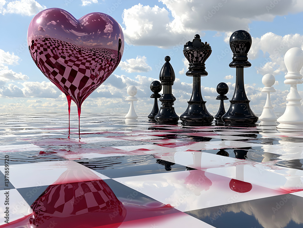 Surreal Chess Game with Melted Heart and Dramatic Sky Stock Photo ...