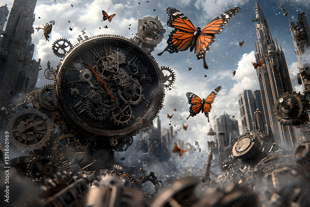 Surreal Cityscape with Monarch Butterflies and Clockwork Gears Stock ...