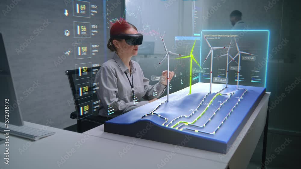 Advanced Office: Female Professional Wearing VR Headset Uses Augmented ...