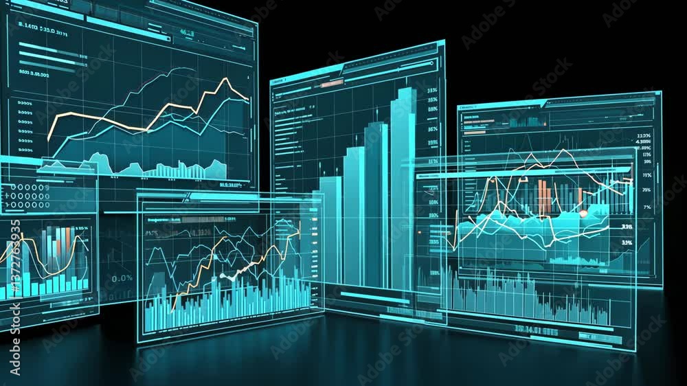 A futuristic digital dashboard displays multiple screens with ...