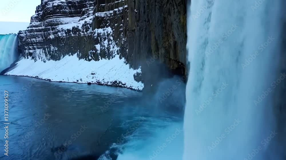 a majestic waterfall cascading down a rugged cliff face with ice. The ...
