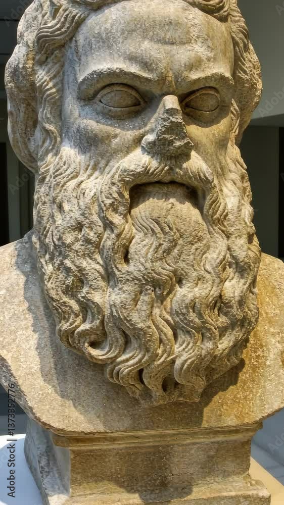Detailed stone sculpture of an ancient philosopher with a prominent ...