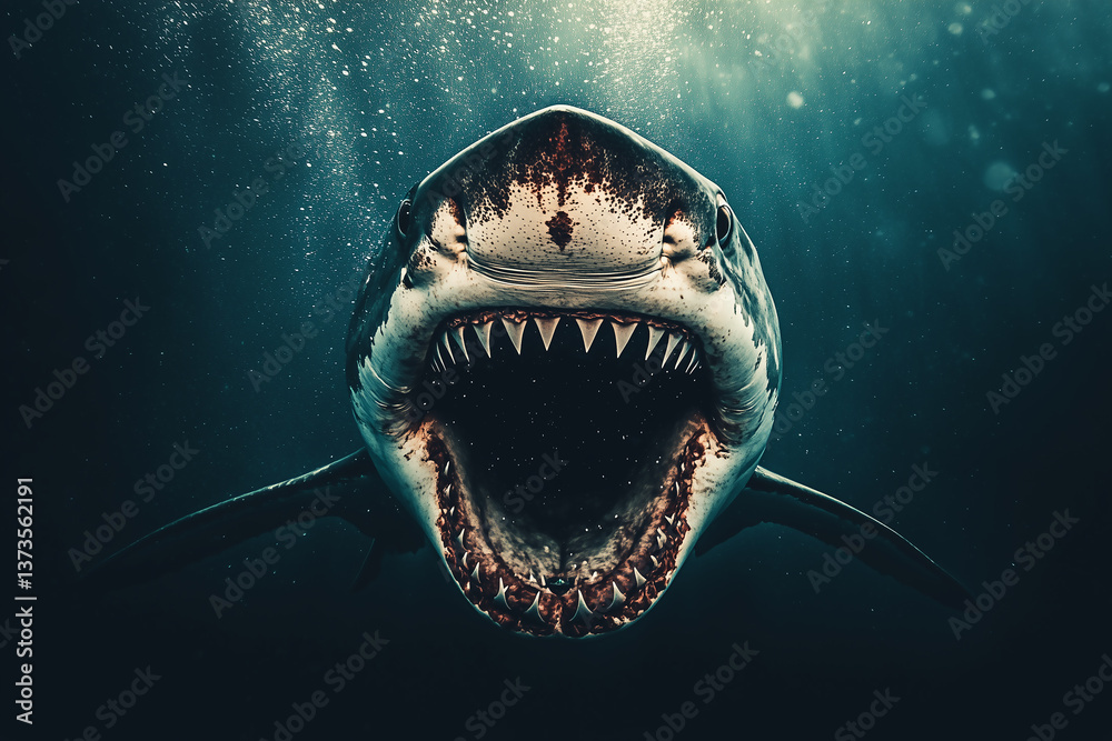 Poster terrifying front-facing view of a great white shark with mouth ...