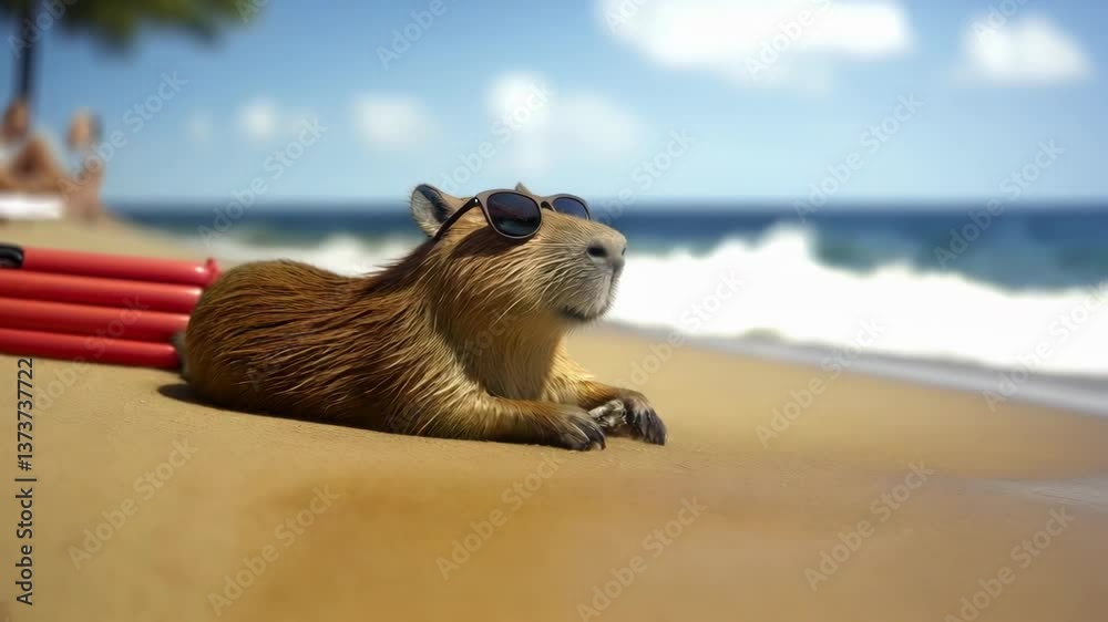 capybara on the beach resort.capybara in sunglasses lies on the ...