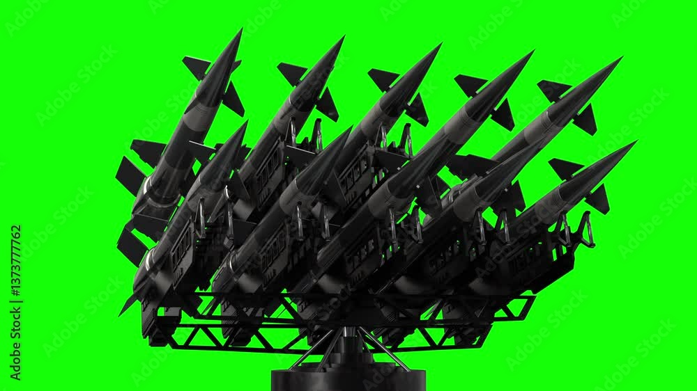 Many missiles on a launcher, green background - 3D 4k animation ...
