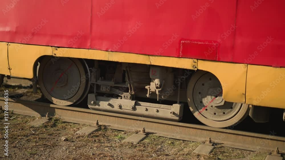 Close-up view of tram iron wheels resting on steel rail track under ...