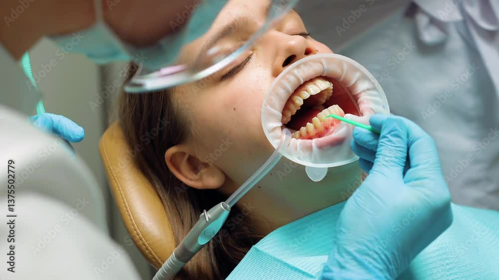 A dentist applies dental adhesive to a teenage patient's teeth using a ...