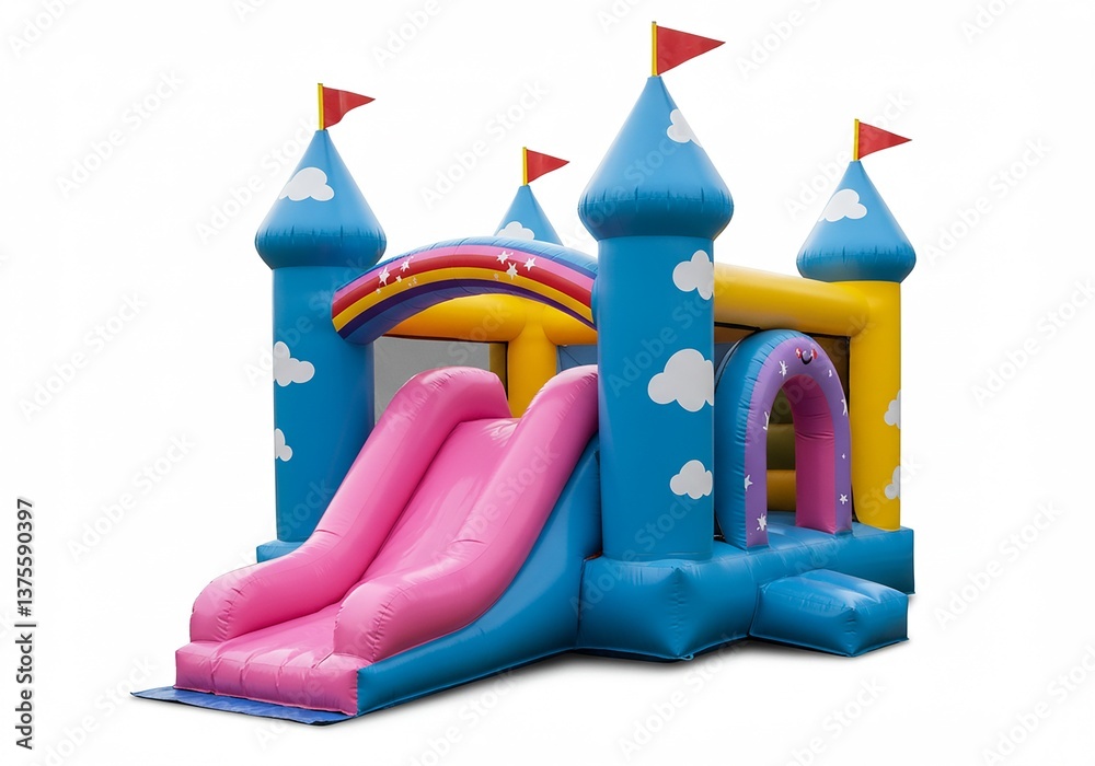 Colorful inflatable bouncy castle with slide, rainbow arch, flags, and ...