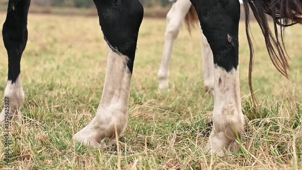 A close-up of a horses leg captures its movement as it walks through ...