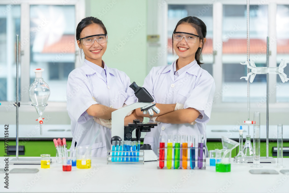 Poster Two Asian female researchers executed a crucial science ...