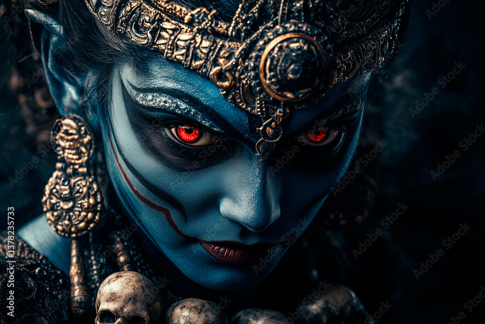 Poster Kali, the Hindu goddess of destruction, with deep blue skin ...