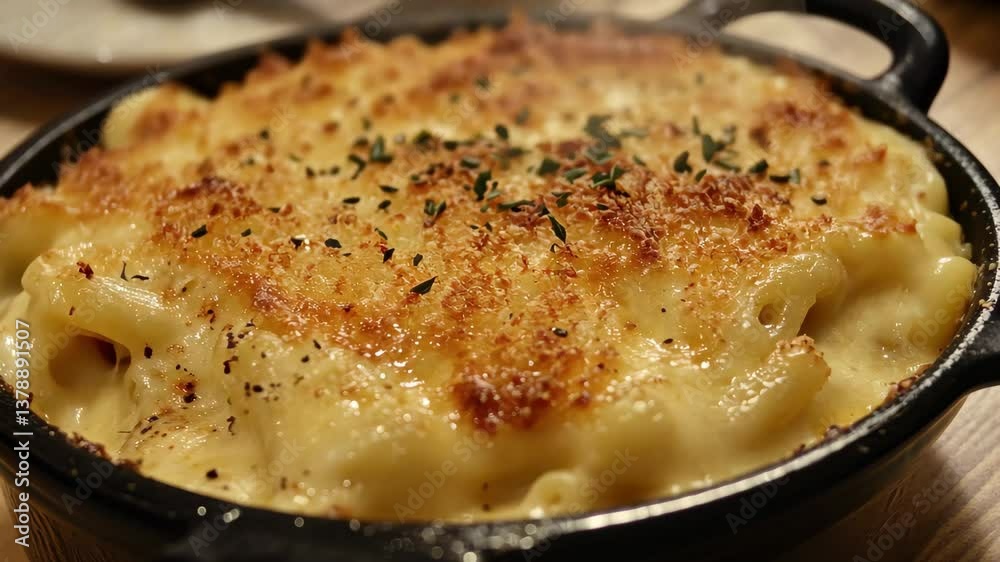 Creamy baked macaroni and cheese with a golden crispy crust served in a ...