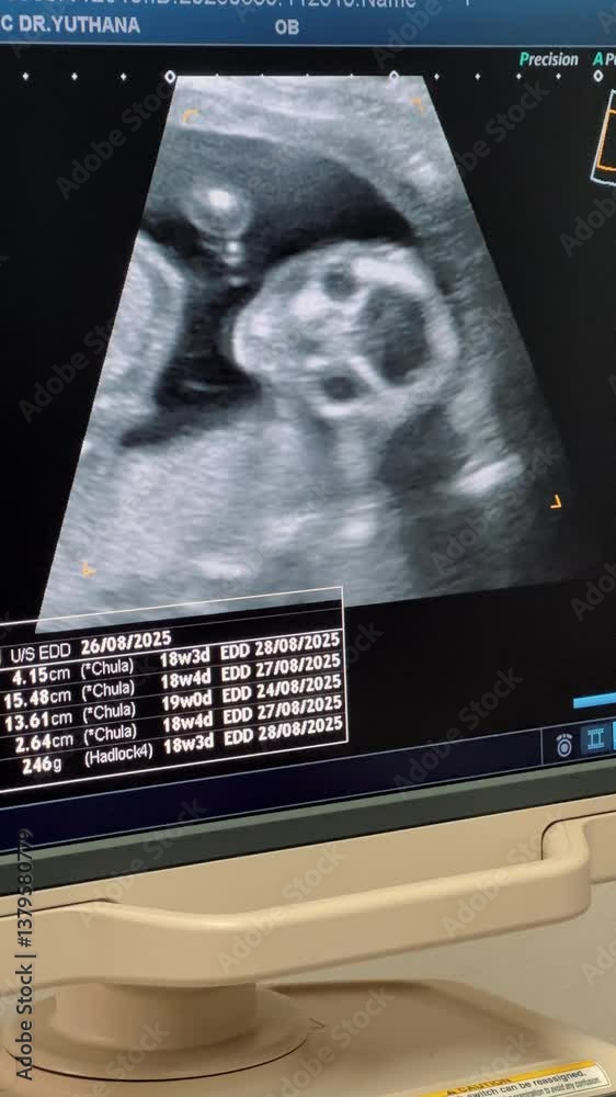 2D Ultrasound display of 18 weeks pregnant. Fetus ultrasound image that ...