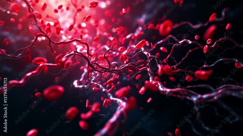 Realistic animation. red blood cells in an artery, flow inside body ...