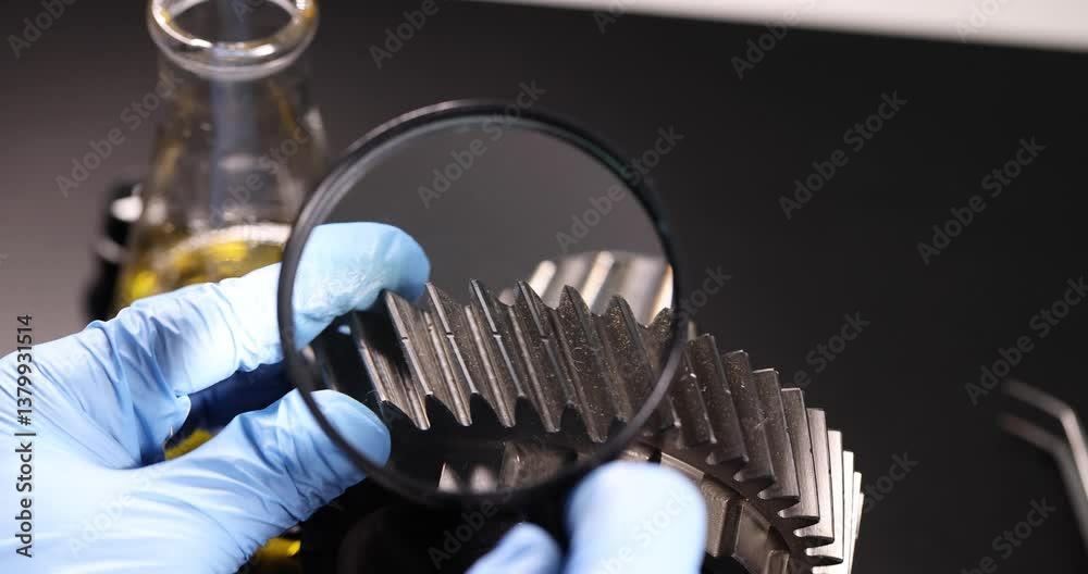 Mechanic with magnifying glass checks car transmission shaft on ...