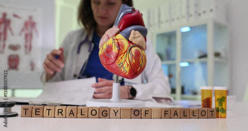 Lady doctor and model of human heart demonstrating congenital heart ...
