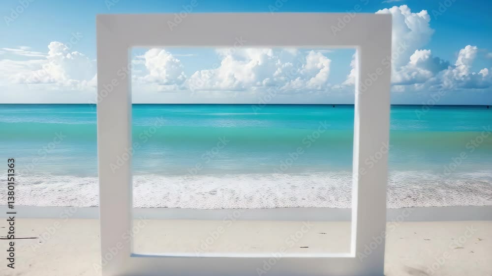 A white rectangular picture frame standing on the sandy beach, with the ...