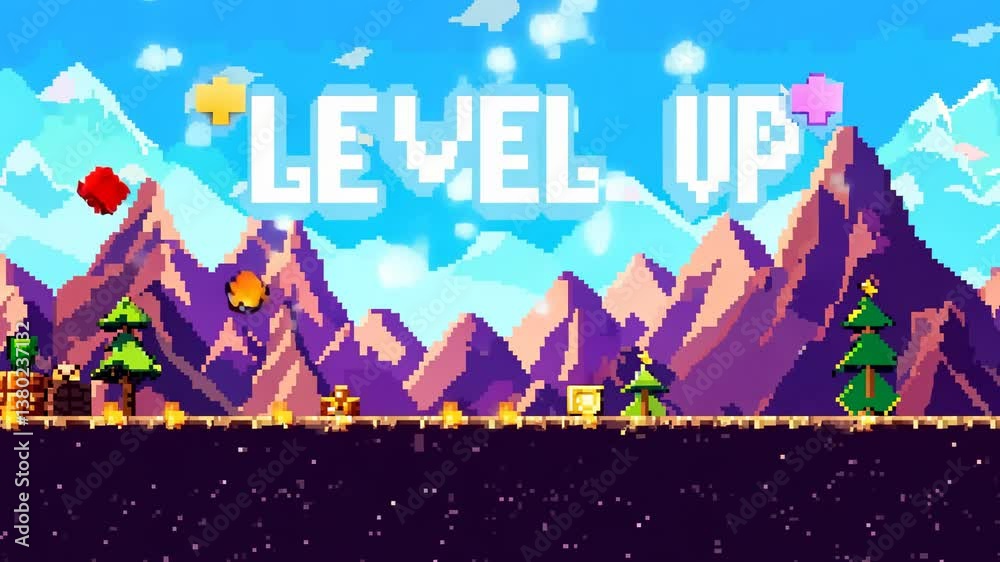 Pixel art landscape with mountains, trees, and coins featuring glowing ...