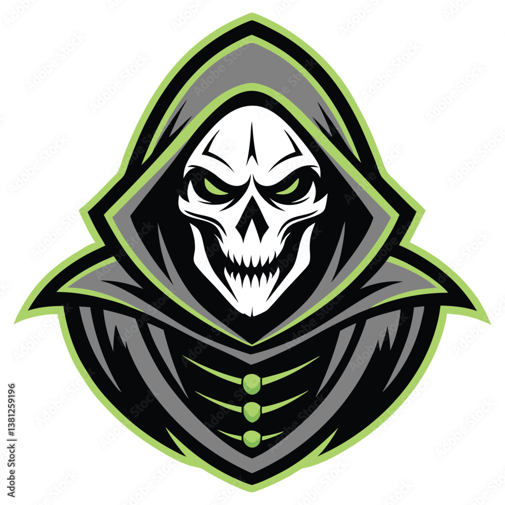 Poster Grim Reaper Cartoon with Hood, Skull Face, Green Eyes and ...