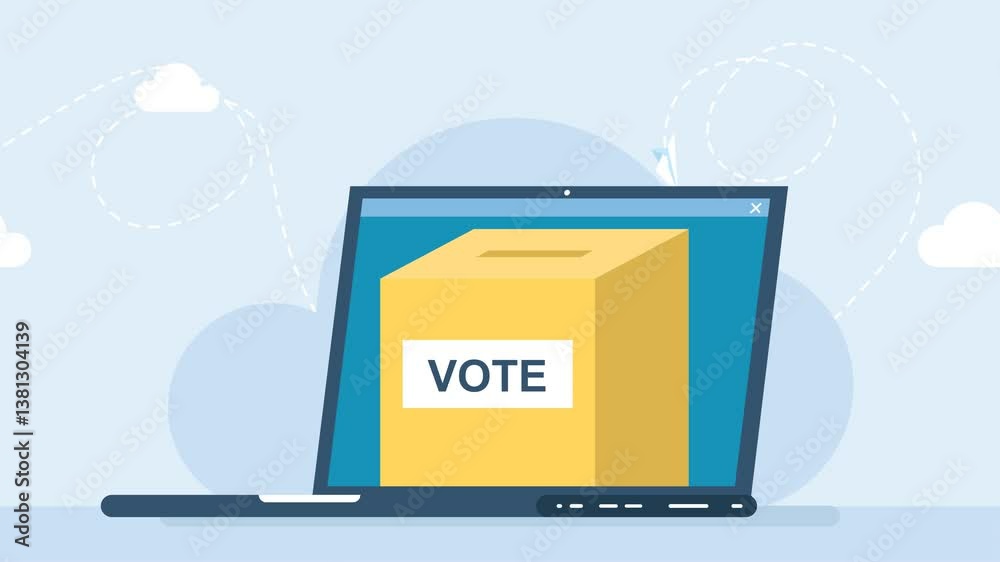 Businessman hand putting voting paper into ballot box that come out ...