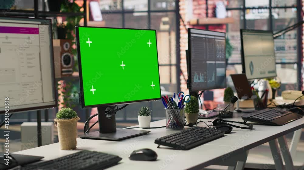 Chroma key computer displays in empty office showing analytics dashboards and data graphs ...
