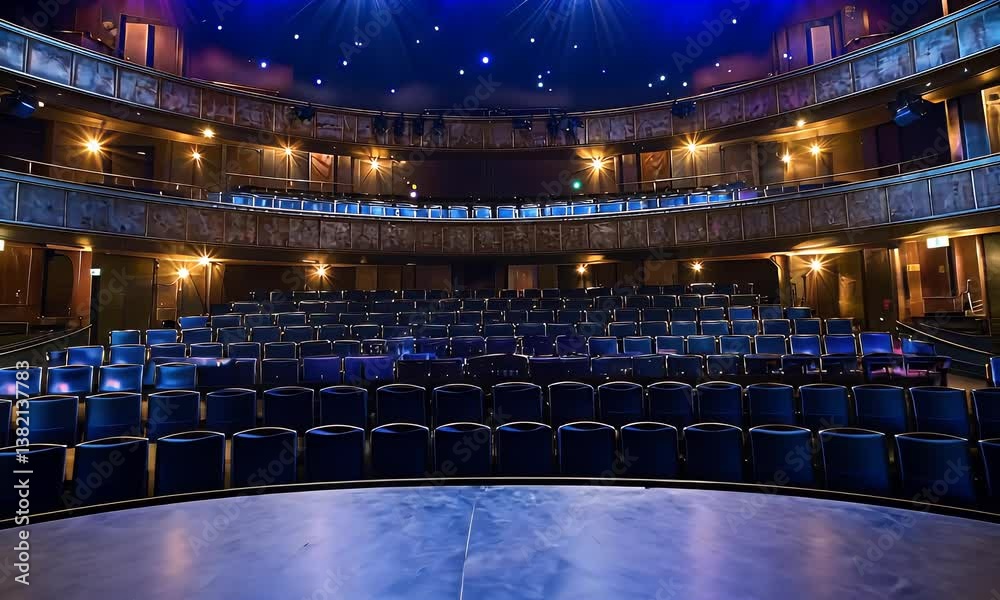 Grand theater interior featuring blue seats, curved balcony levels, and ...