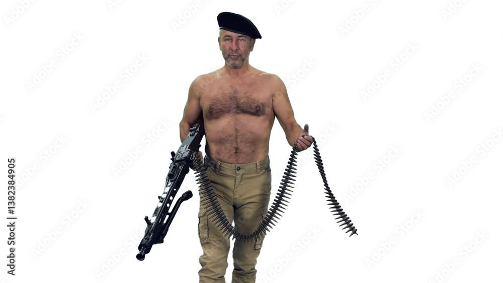 Cinematic style of shirtless mercenary in black beret walking with ...