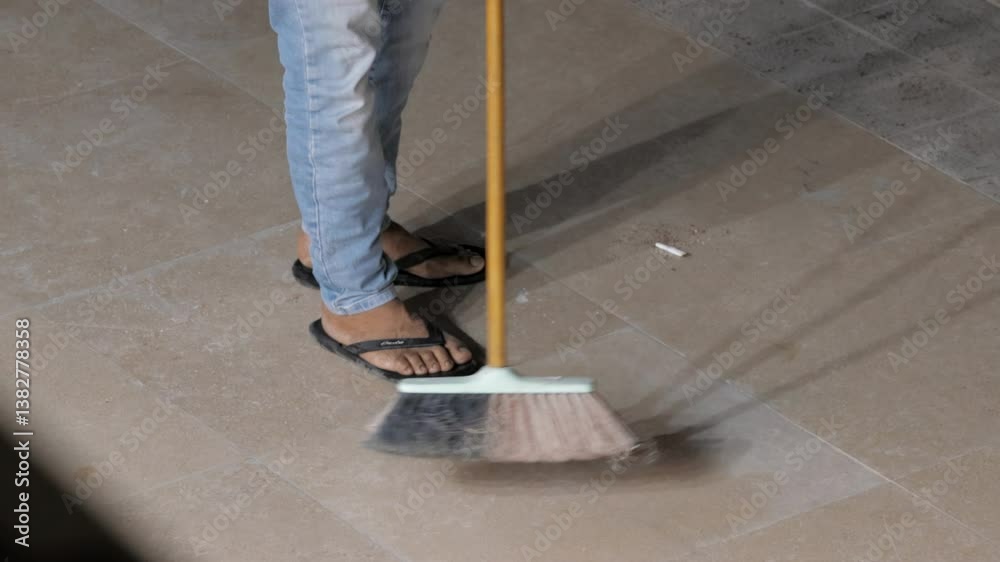 Man in jeans and sandals with broom brush sweeps away trash cigarette ...