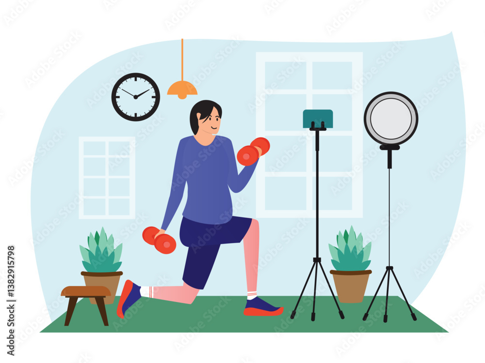 Poster fitness live streaming concept dumbbell workout illustration ...