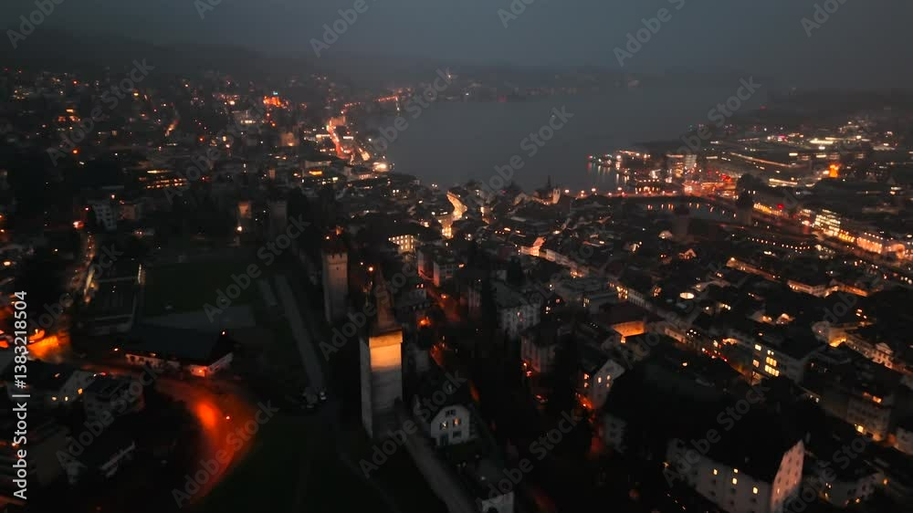 Musegg Wall and its nine towers aerial view at night overlooking ...