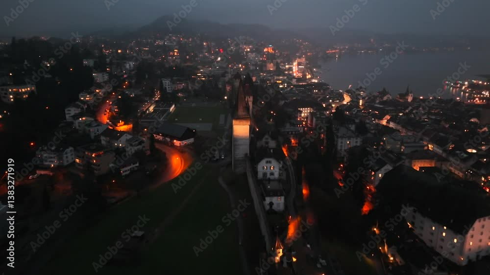 Musegg Wall and its nine towers aerial view at night overlooking ...