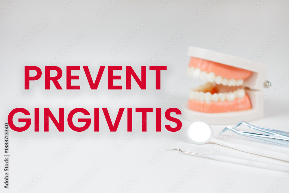 Poster "prevent gingivitis" title denoting the name of a dental disease ...