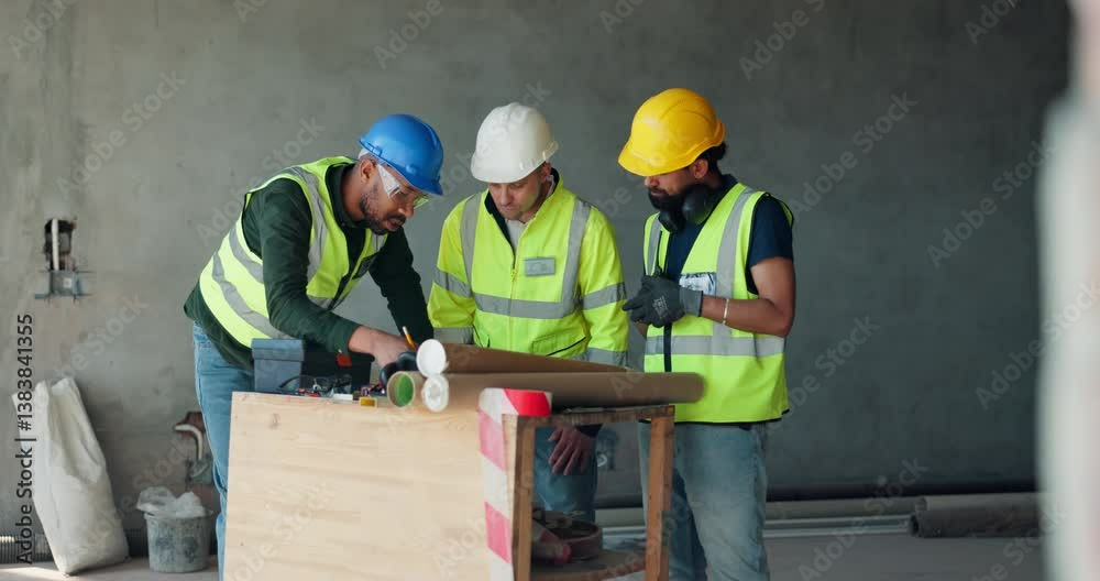 Group, architect and people with blueprint for construction planning ...