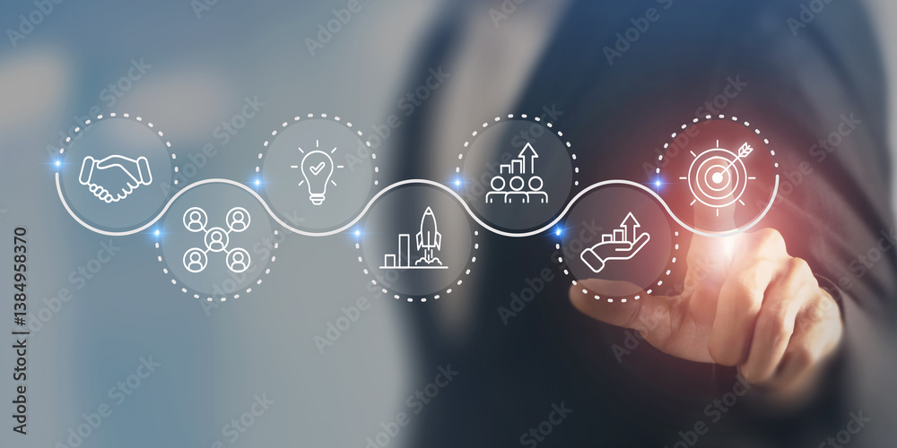 Business strategy concept. Touching screen on the icon representing ...