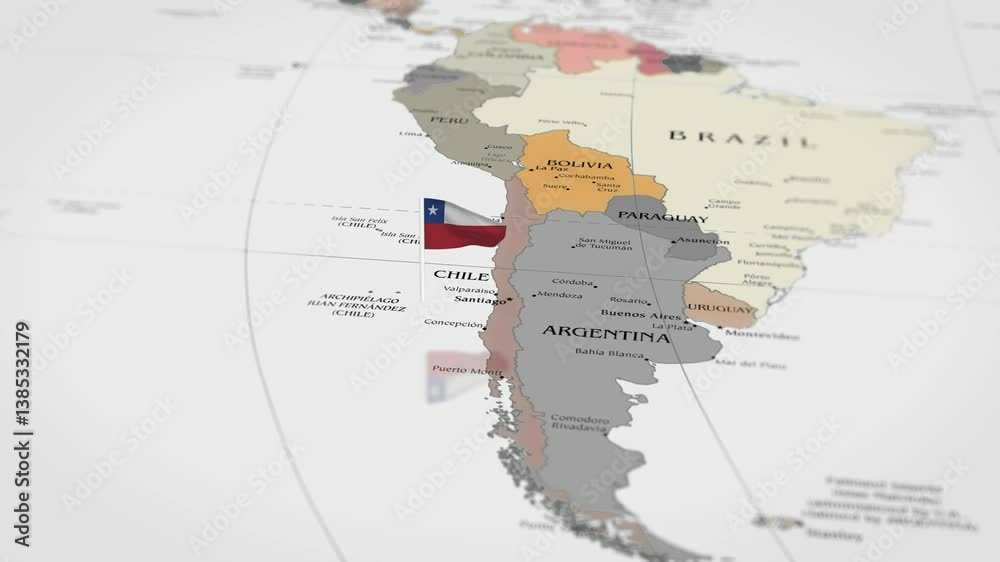 The camera rotating around Chile on the world map takes the focus ...