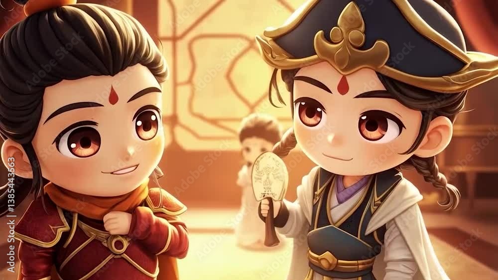 Two characters in traditional attire with blurred faces, blending ...