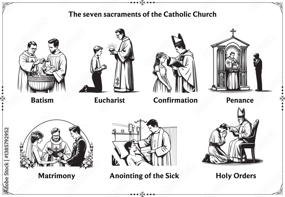 Poster The seven sacraments of the Catholic Church - Vector - Engraving ...