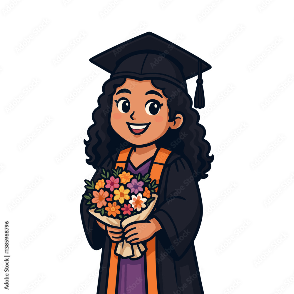 Poster Cute happy graduated girl holding a flower bouquet vector ...