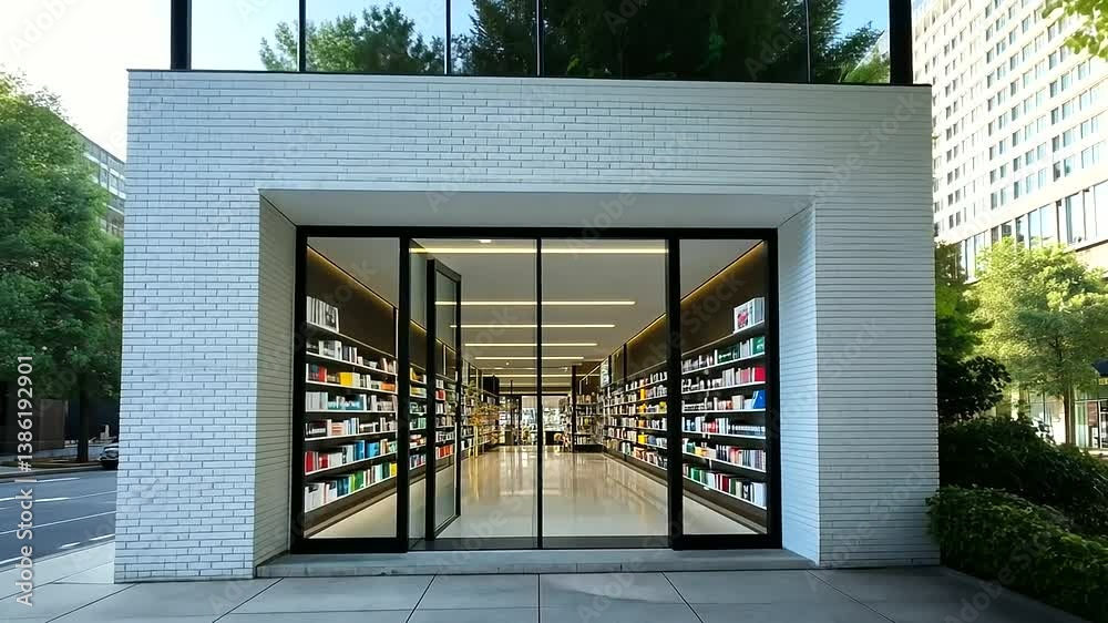 Contemporary urban pharmacy entrance, nestled into a pristine white ...