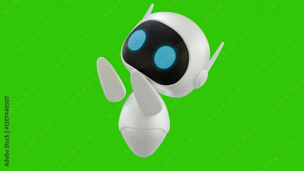 Cute 3D mini Robot character animation with up pointing movement. Green ...
