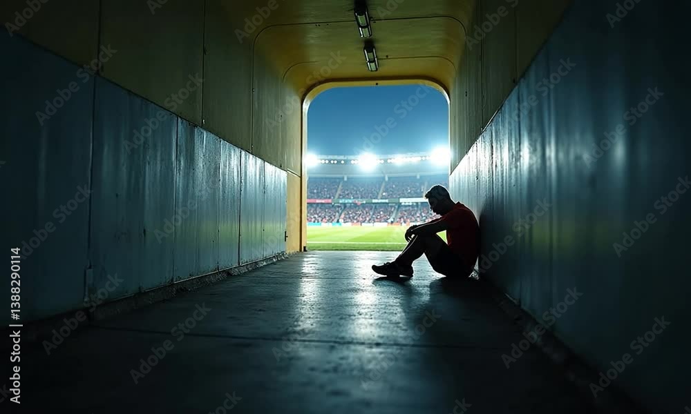 American Football Player Sitting Alone in a Stadium Tunnel, Tossing ...